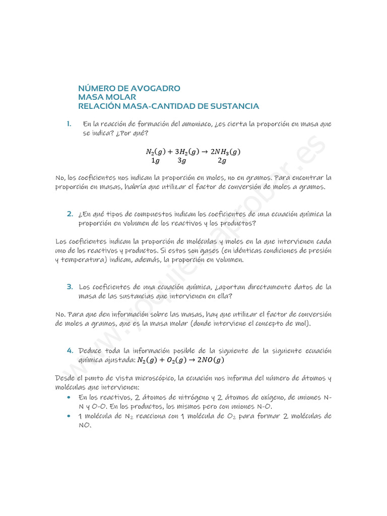 Ejercicios Masa Molecular y Moles | PDF | Mole (Unidad) | Química