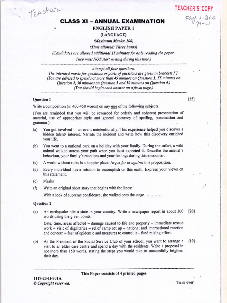 Class XI English Annual Exam Paper | PDF