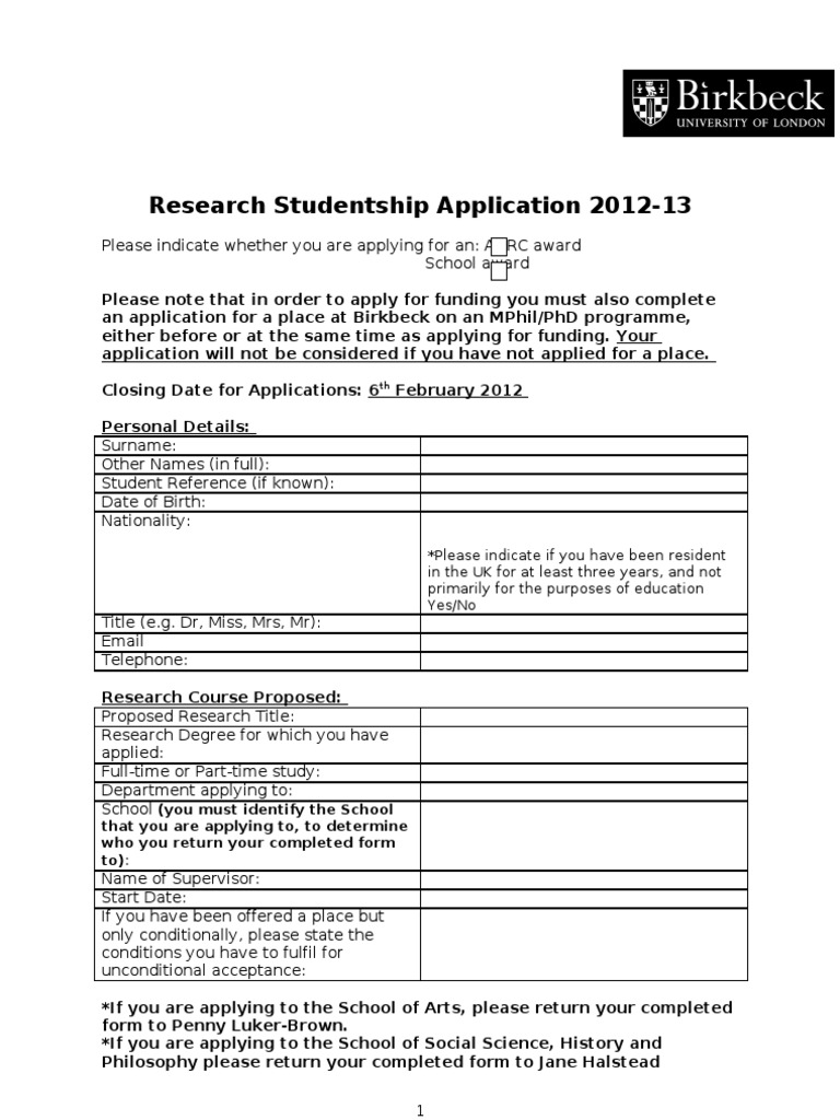 Research Studentship Application 2012-13 | PDF | Postgraduate Education | Academic Degree