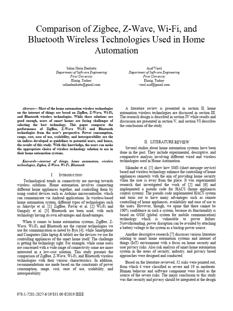Comparison of Zigbee Z-Wave Wi-Fi and Bluetooth Wireless Technologies Used in Home Automation ...