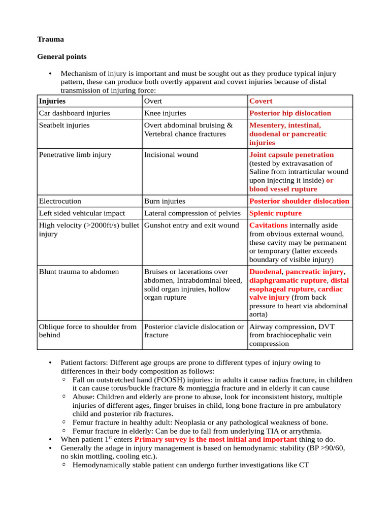 Trauma Notes | PDF | Shock (Circulatory) | Traumatic Brain Injury