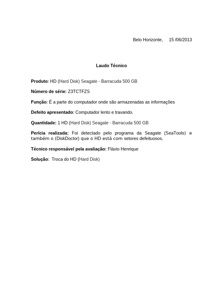 Laudo - Tecnico Do HD Seagate | PDF | Computadores