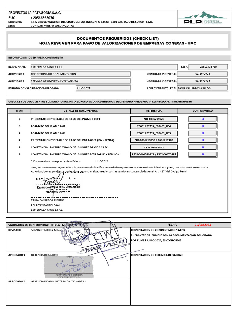 Check List Julio-24 - TANIS | PDF | Finanzas y dinero