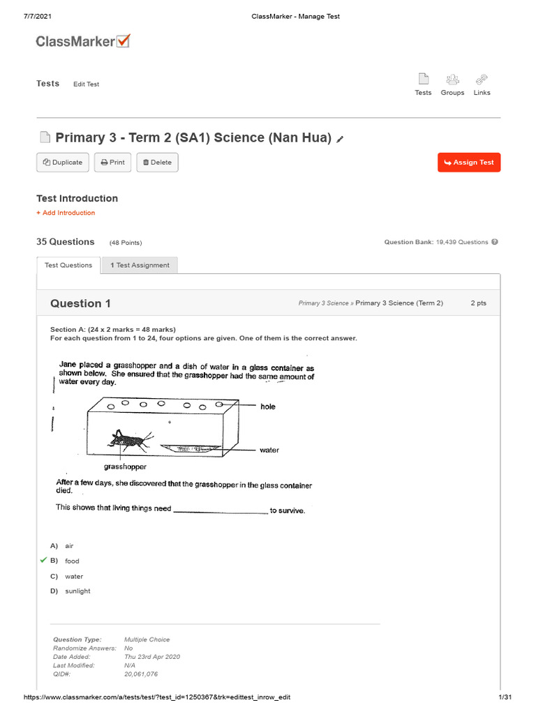 Primary 3 Science Test Management | PDF | Multiple Choice