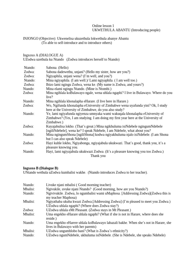 Ndebele online lesson-Introductions lesson 3 | PDF | Linguistic Typology | Grammar