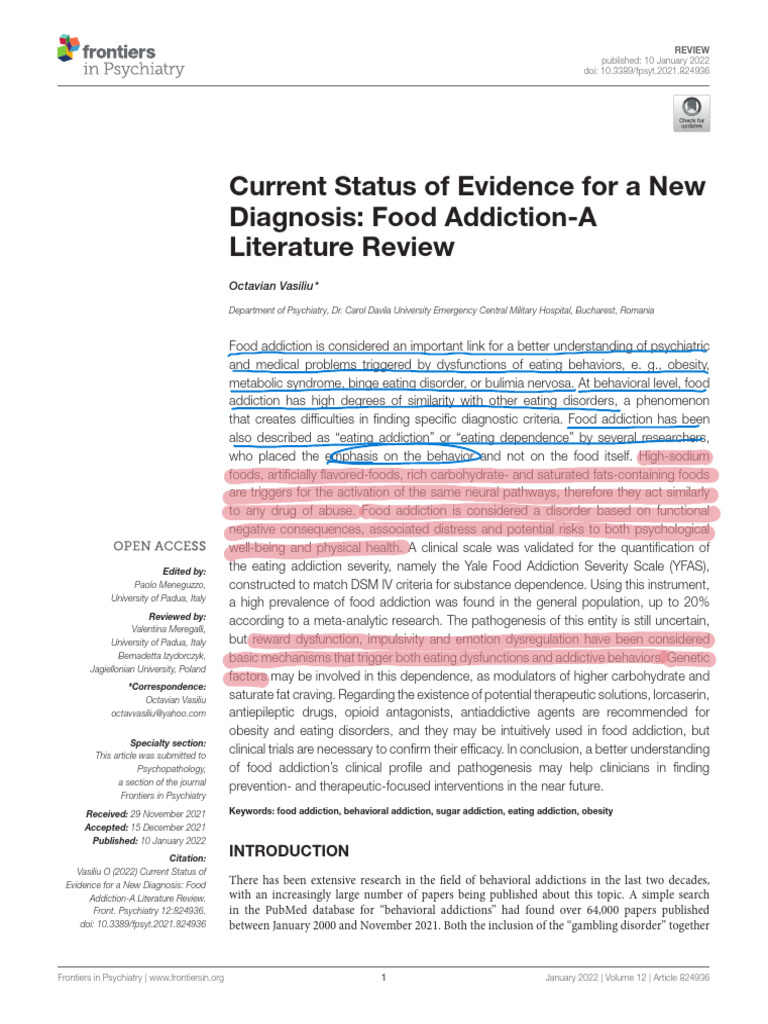 Current Status of Evidence For A New Diagnosis - Food Addiction-A ...