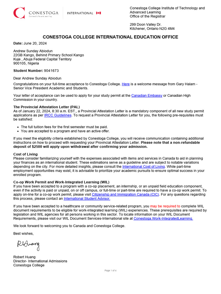 Conestoga College Acceptance Letter | PDF | Cost Of Living | Fee