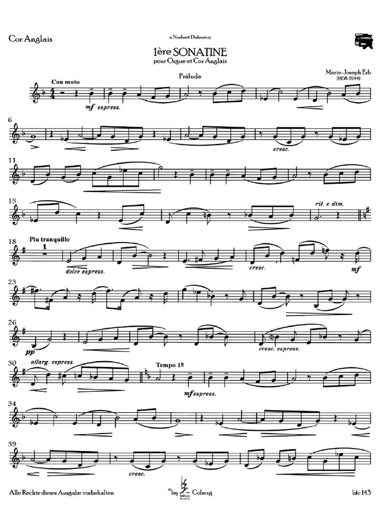 Marie-Joseph Erb 1st Sonatina For English Horn and Organ | PDF