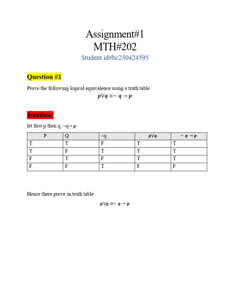 Assignment#1 MTH202 - Solution by King of Haters | PDF | Logic | Mathematical Logic
