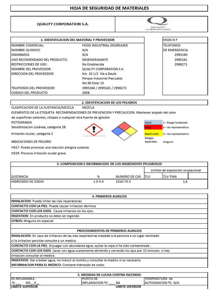 MSDS Food Industrial Degreaser | PDF | Agua | Solubilidad
