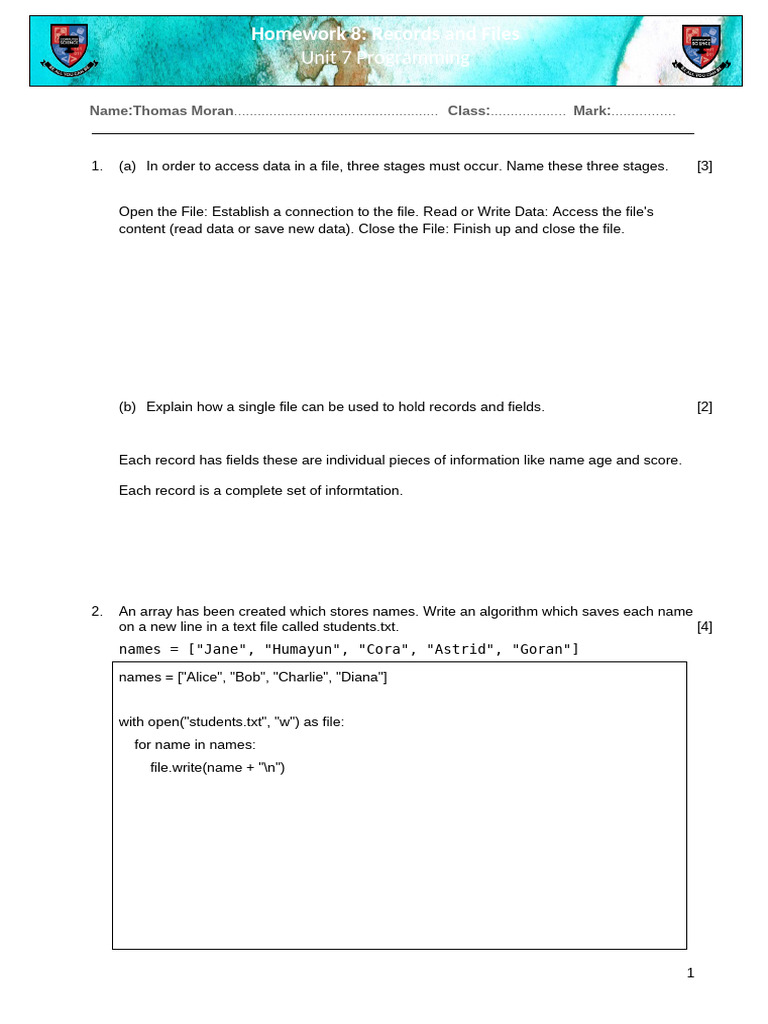 Homework 8 Re Ords and Files | PDF | Computers
