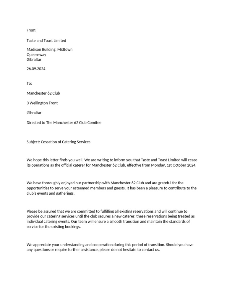 Cessation of Service Letter for Man62 | PDF