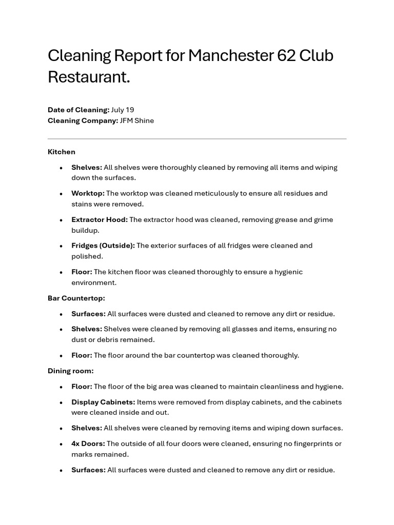 Cleaning Report For Manchester 62 Club Restaurant | PDF | Cooking, Food ...