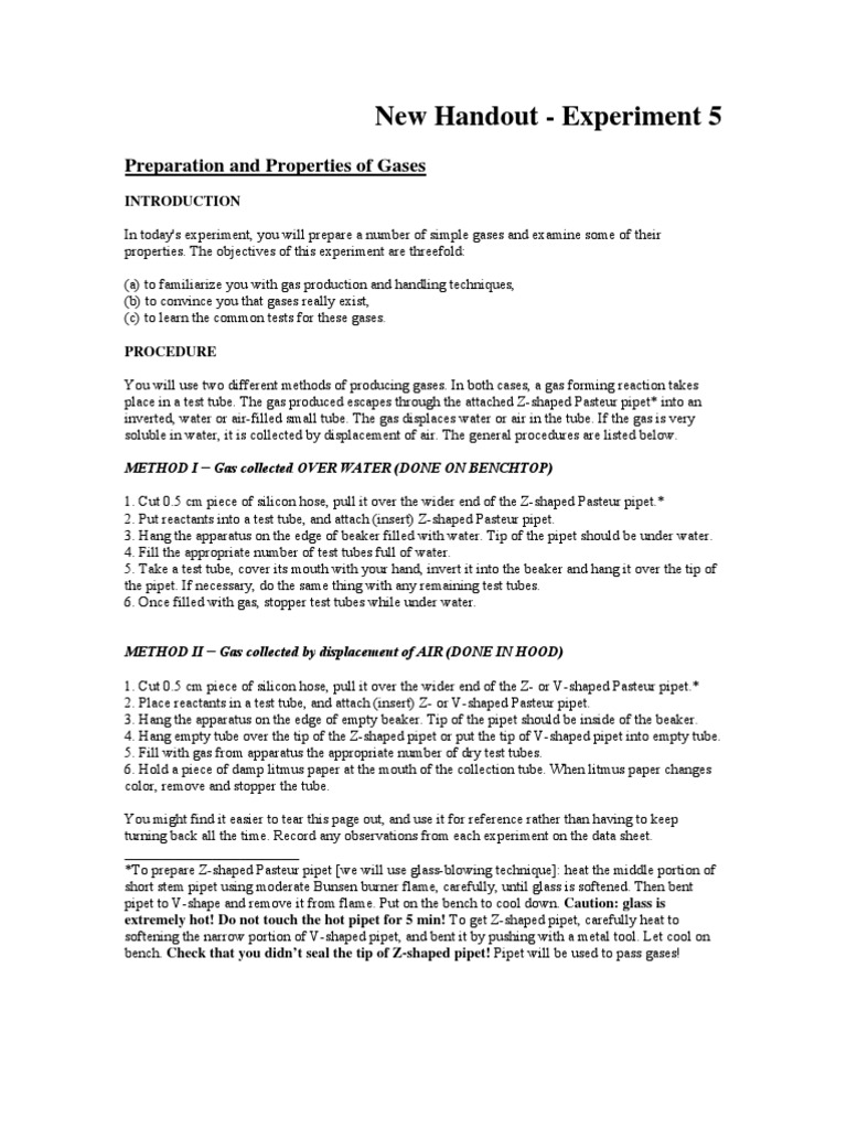 New Handout - Experiment 5: Preparation and Properties of Gases | PDF ...