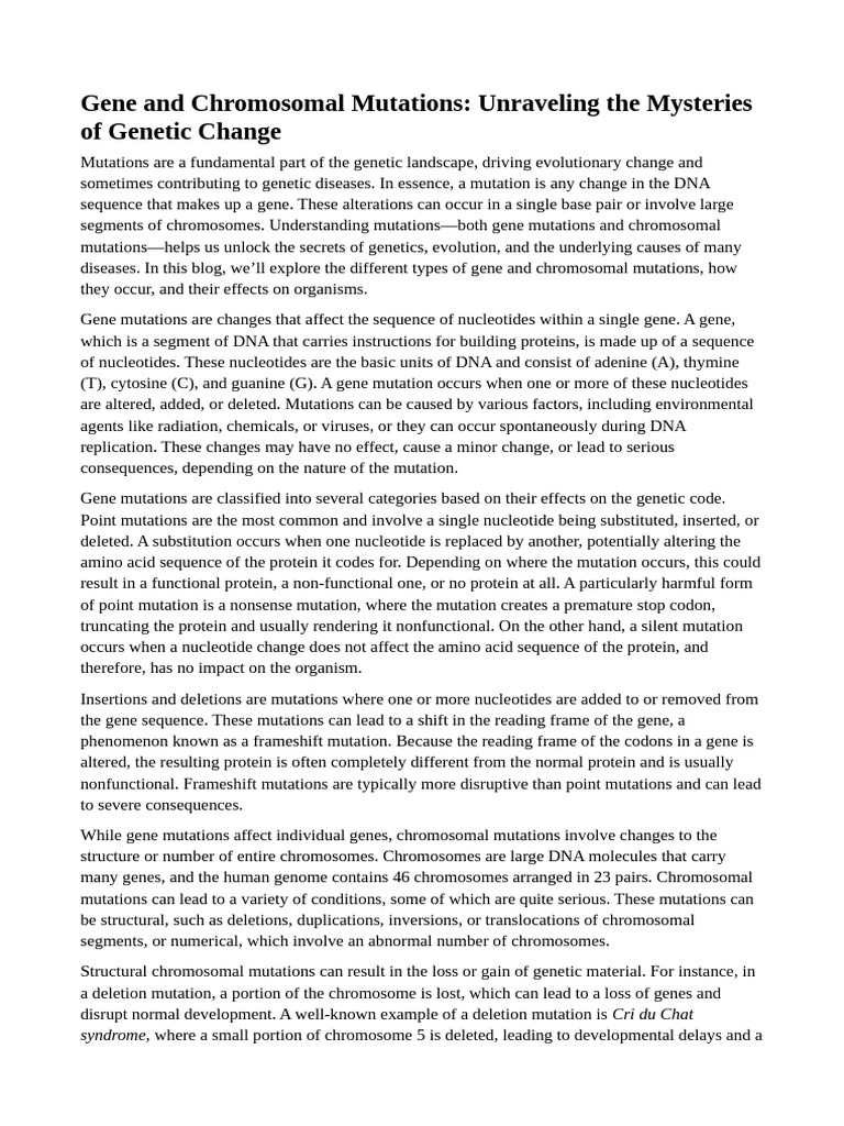 Gene and Chromosomal Mutations | PDF | Mutation | Gene