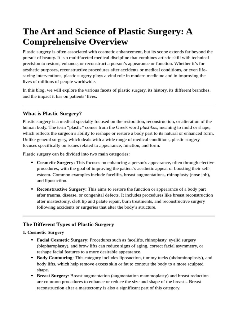 Overview of Plastic Surgery Types | PDF | Plastic Surgery | Surgery