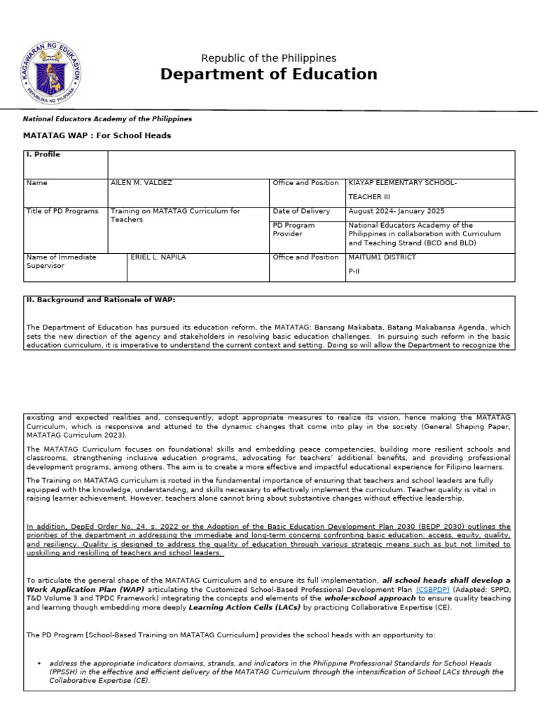 Sample ES WAP | PDF | Pedagogy | Teachers