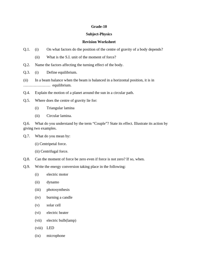 SA1 - Physics - Revision Worksheet | PDF | Electromagnetic Spectrum ...