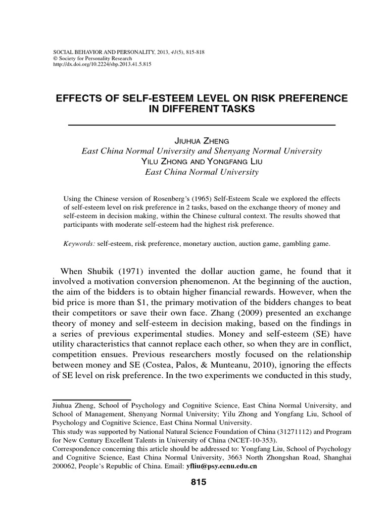 Effects of Self-Esteem Level On Risk Preference | PDF | Auction | Self ...