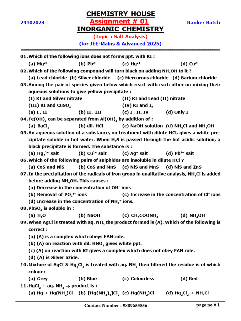 Assignment 01 Salt Analysis | PDF | Salt (Chemistry) | Precipitation (Chemistry)