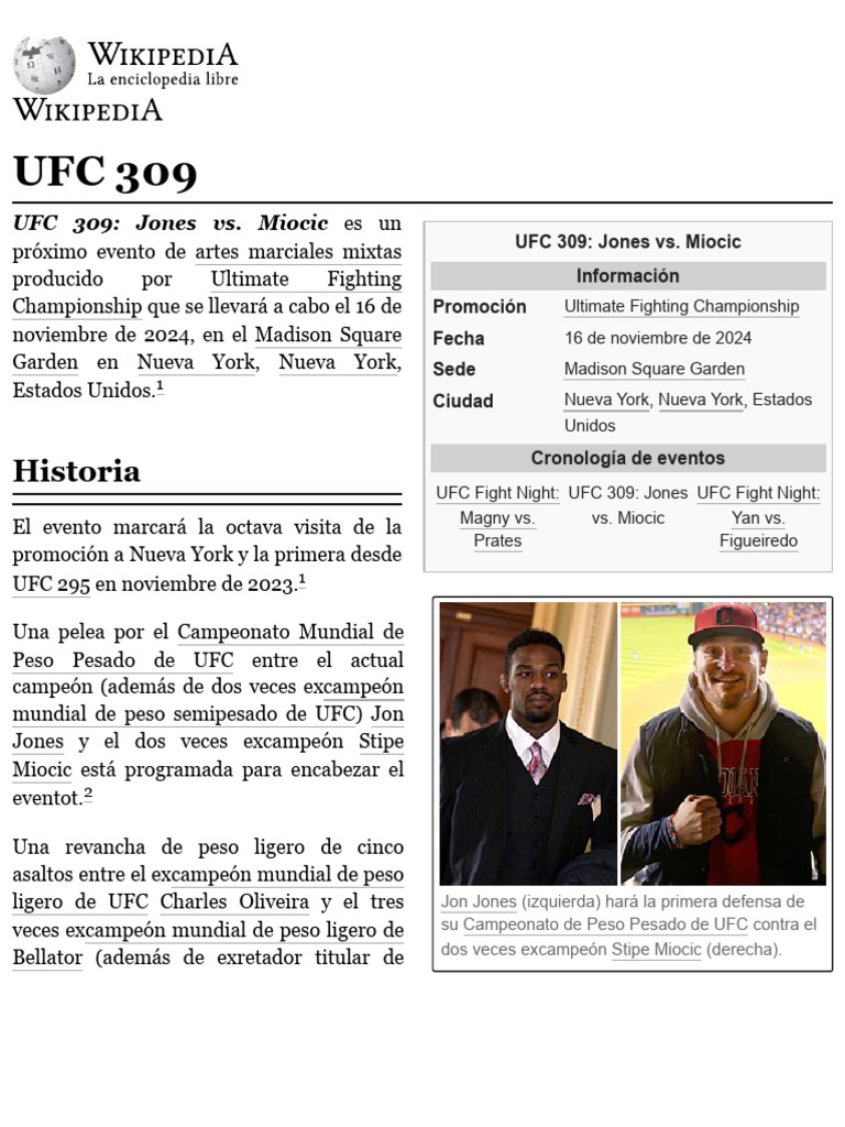 UFC 309 - Wikipedia, La Enciclopedia Libre | PDF | Ultimate Fighting ...