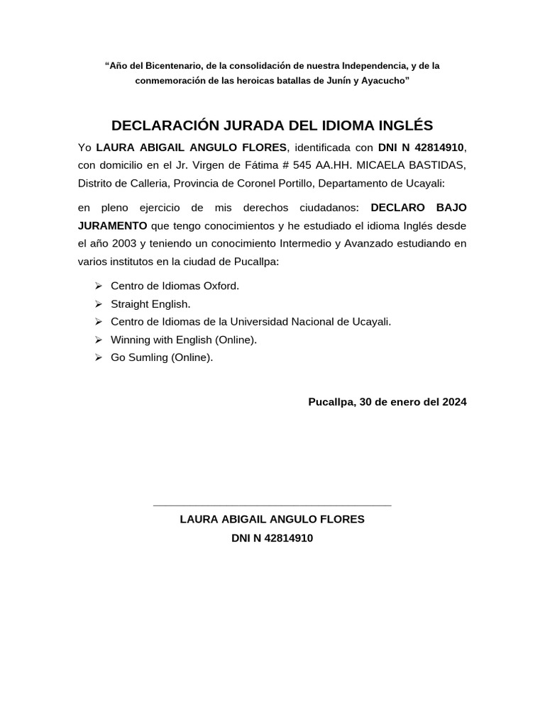 Declaración Jurada de Inglés 2024 | PDF