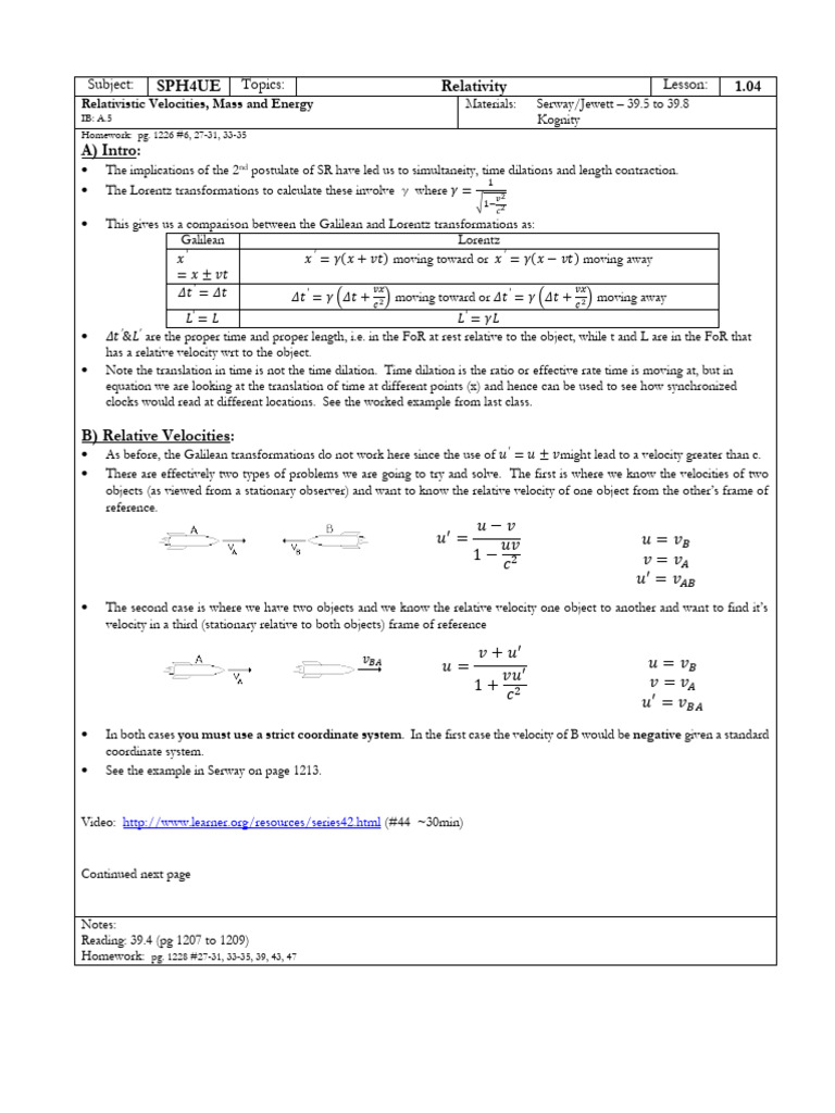 1.04 Relativistic Velocities Mass and Energy | PDF | Special Relativity | Momentum