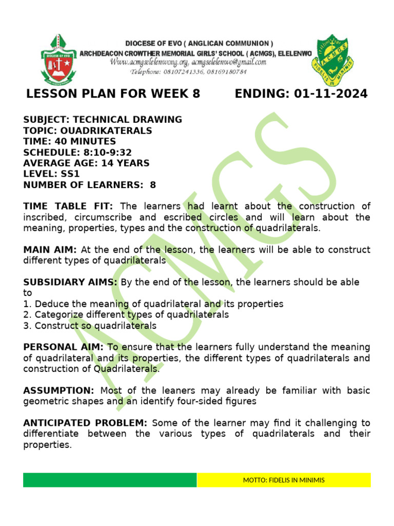SS1 TECHNICAL DRAWING LESSON PLAN WEEK 8 | PDF | Rectangle | Elementary ...
