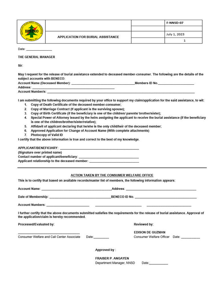 Beneco Application Burial Assistance 2023 | PDF | Social Institutions