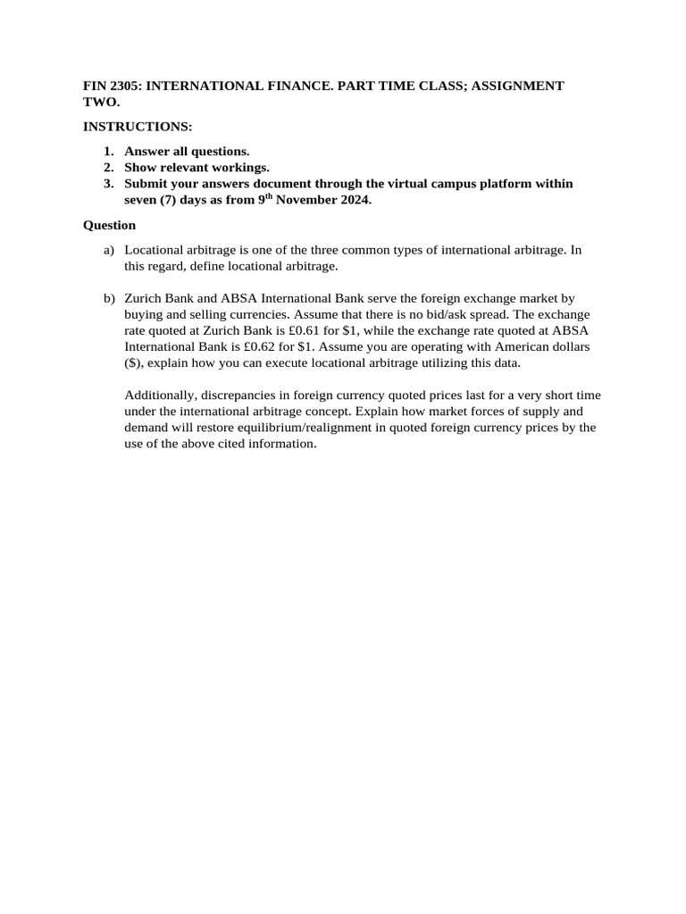 Fin 2305 - International Finance Assignment Two November 2024 (Part ...