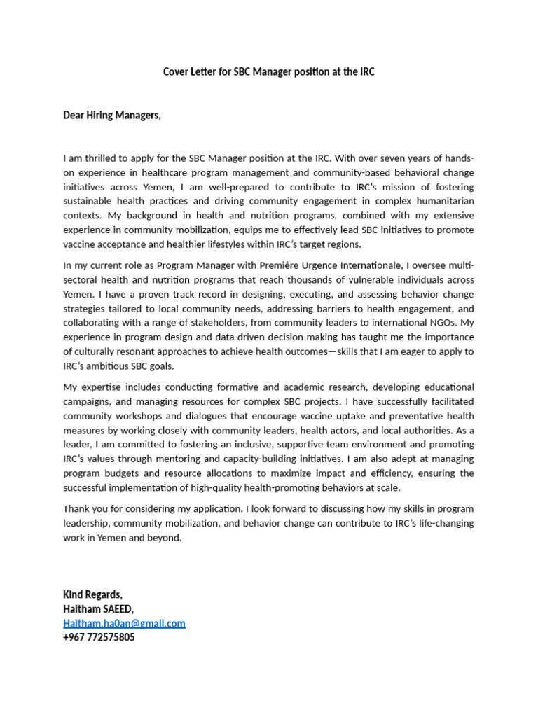 Cover Letter For SBC Manager Position at The IRC | PDF | Career & Growth