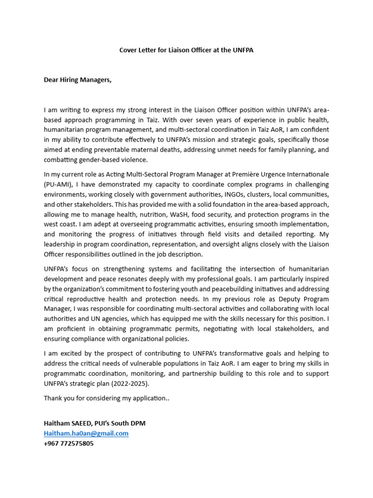 Cover Letter For Liaison Officer at The UNFPA | PDF | United Nations ...