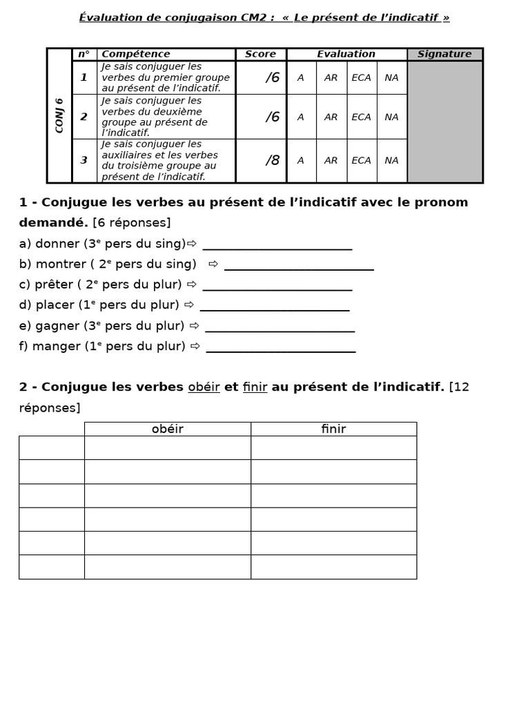 Évaluation CM2 : Le Présent de l'Indicatif | PDF | Verbe | Grammaire
