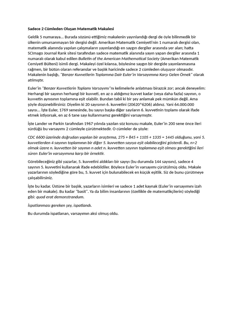 Sadece 2 Cümleden Oluşan Matematik Makalesi | PDF