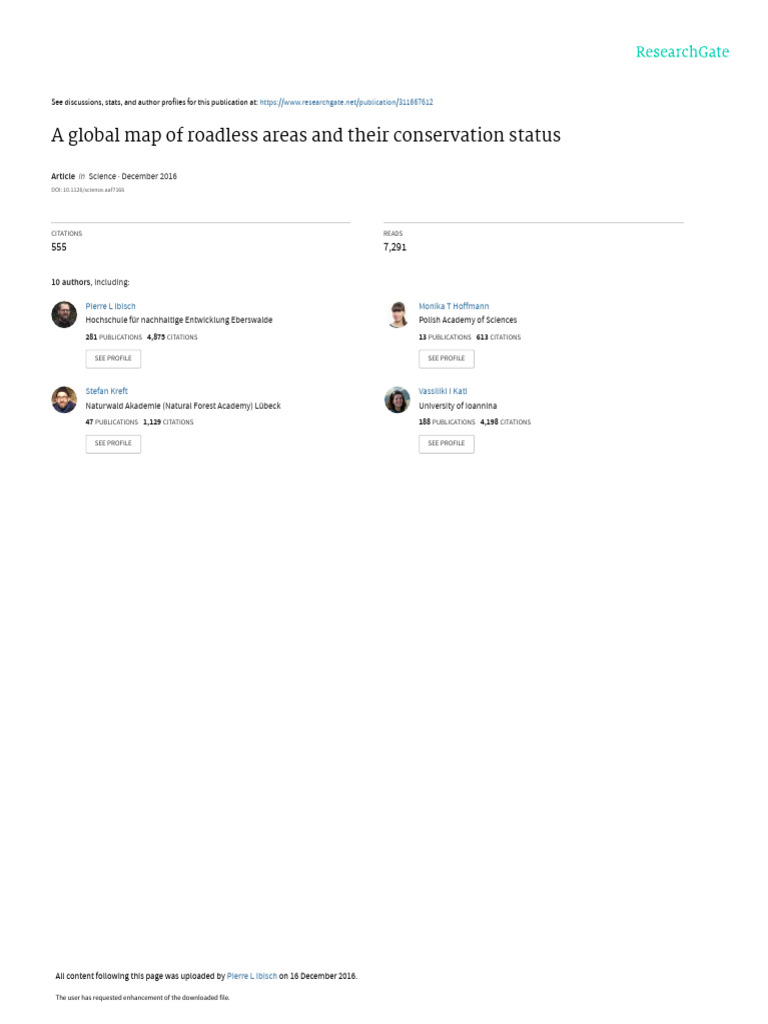 IBISCH, Pierre L. Et Al. A Global Map of Roadless Areas and Their ...