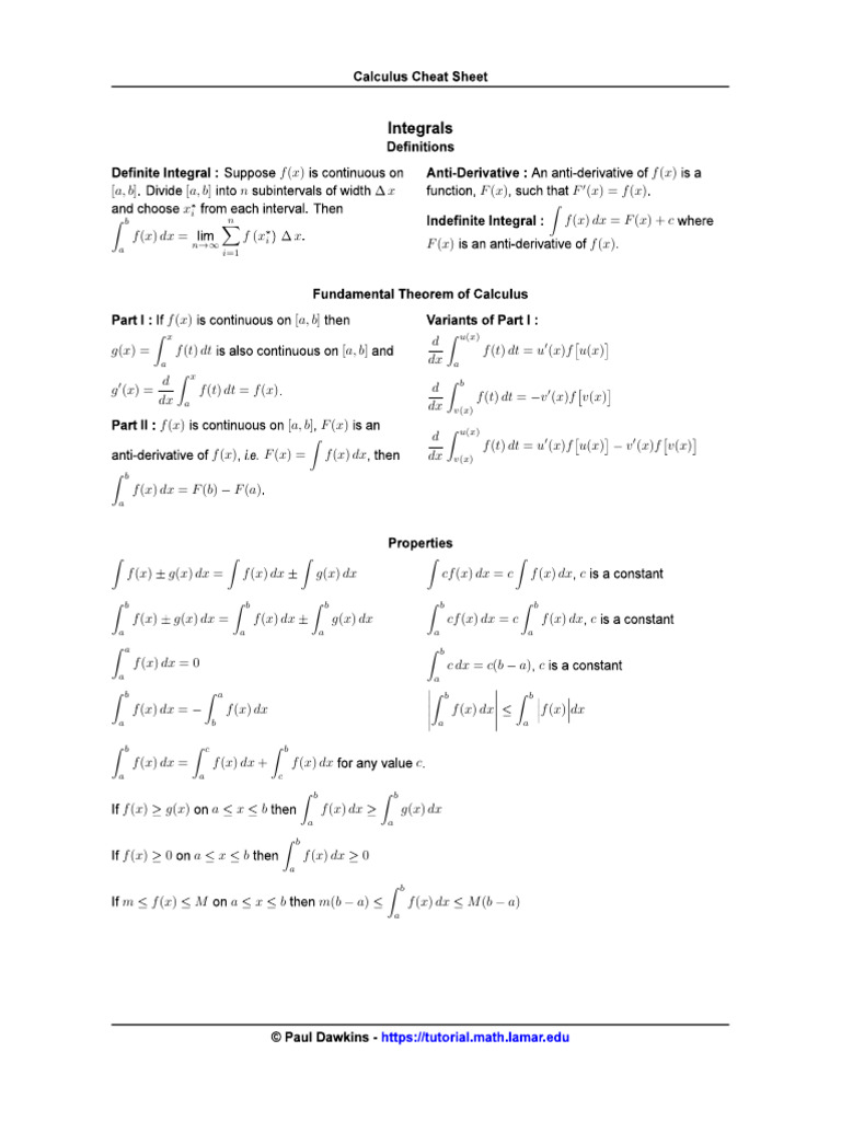 Calculus Cheat Sheet Integrals | PDF | Calculus | Mathematical Analysis