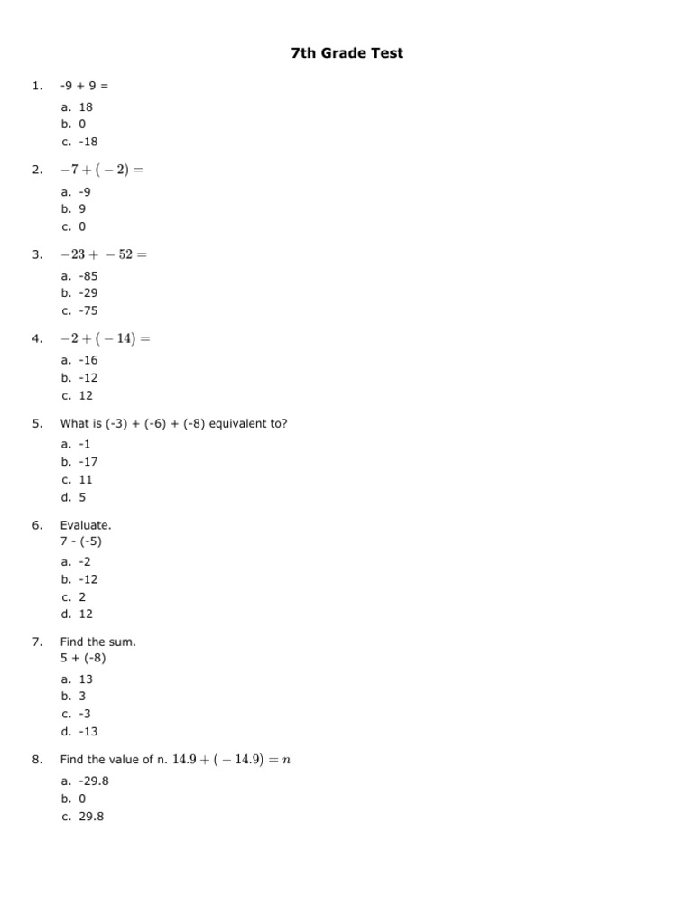 7th Grade Test | PDF