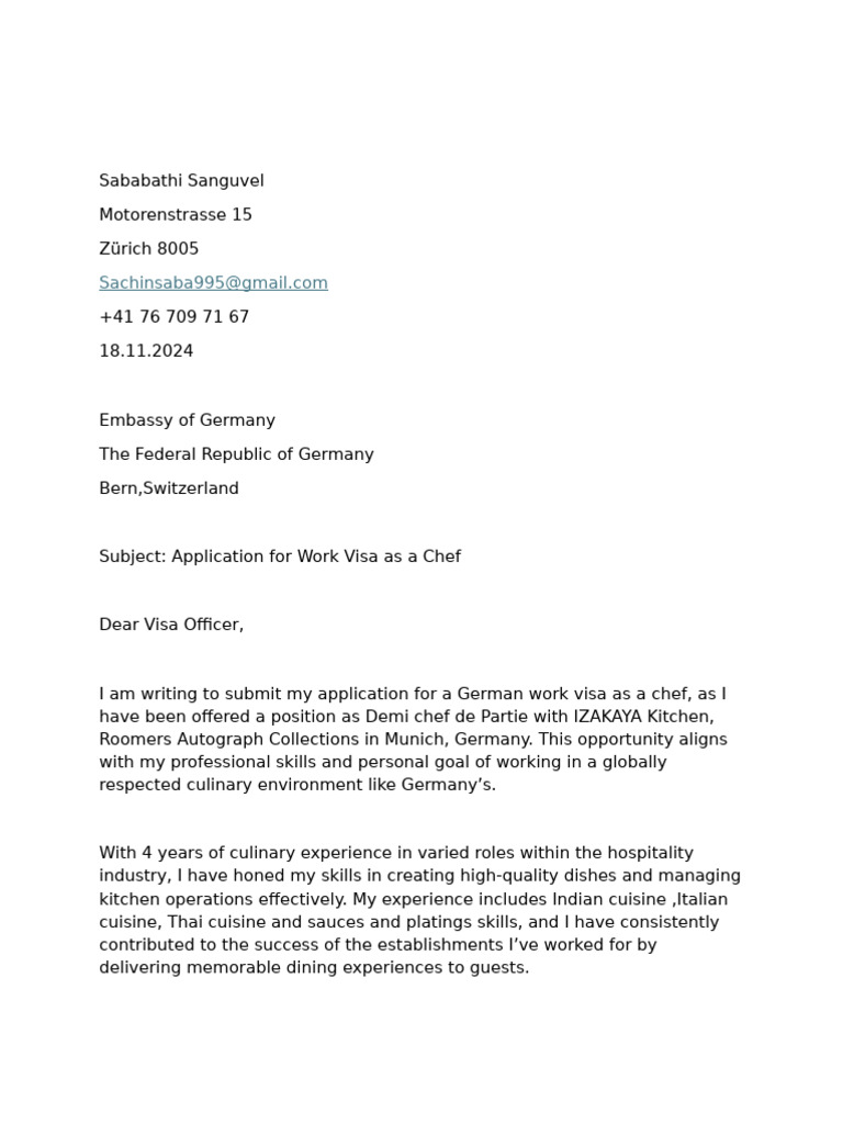 Chef's German Work Visa Application | PDF