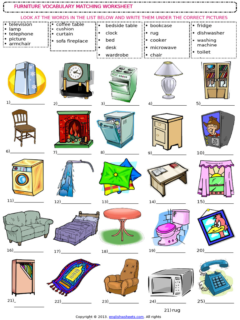 In My House Furniture Vocabulary Matching Exercise Worksheet | PDF