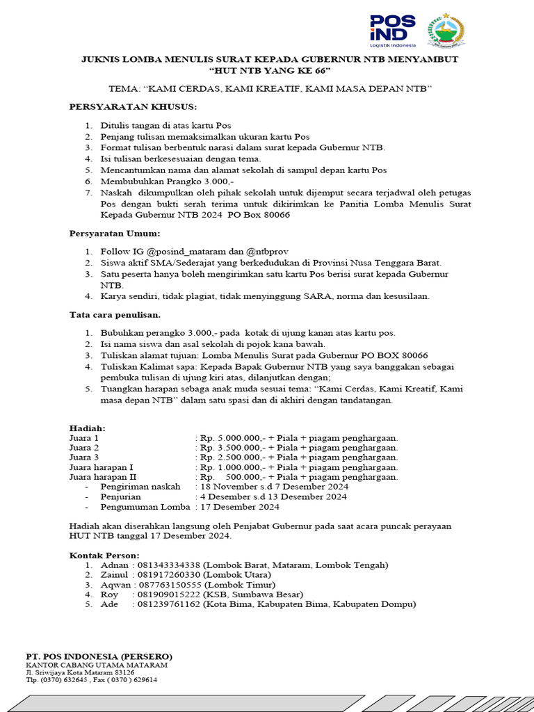 Juknis Lomba Menulis Hut NTB Ke 66 | PDF