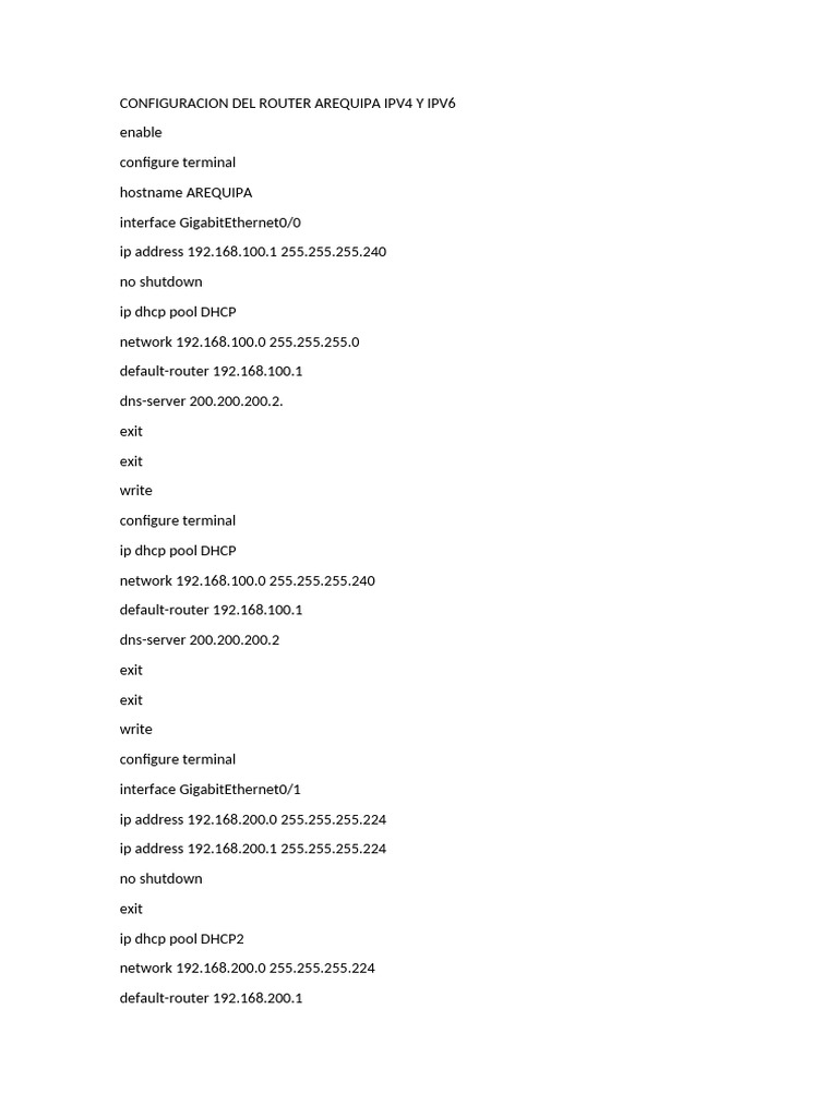 CONFIGURACION DEL ROUTER AREQUIPA,LIMA Y TRUJILLO IPV4 Y IPV6 CON DHCP Y SERVIDORES | PDF | Ip ...