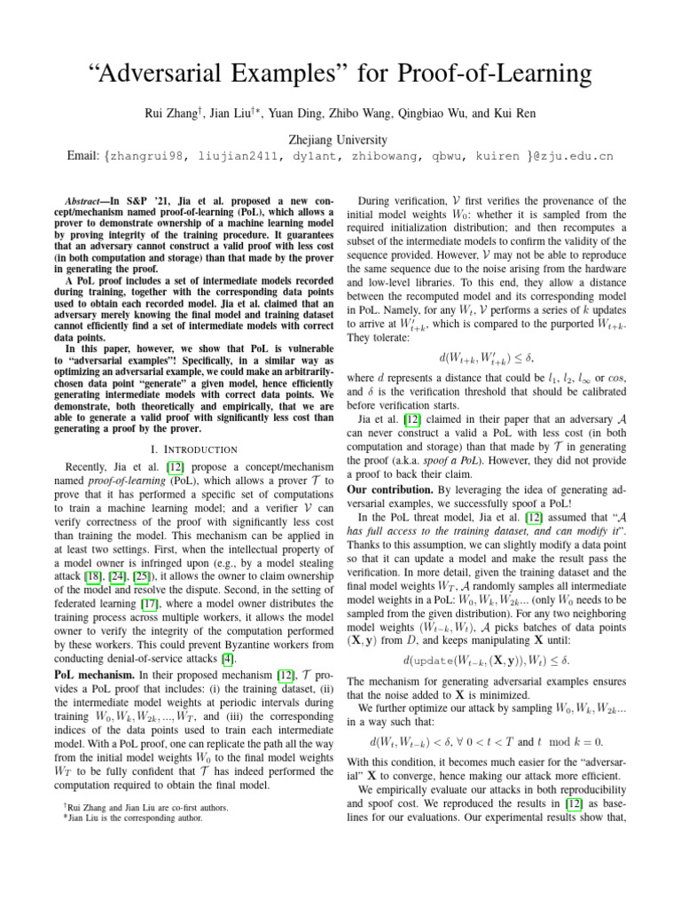 Adverserial Examples For Proof of Learning | PDF | Formal Verification | Mathematical Optimization