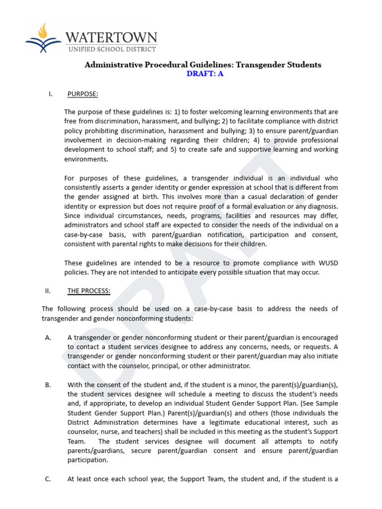 DRAFT A WUSD Administrative Procedural Guidelines - Transgender Students | PDF | LGBTQIA+ ...