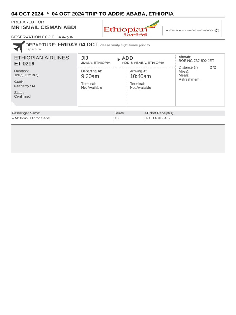 Travel Reservation October 04 For MR ISMAIL CISMAN ABDI | PDF
