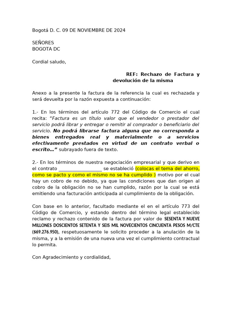 Rechazo de Factura | PDF