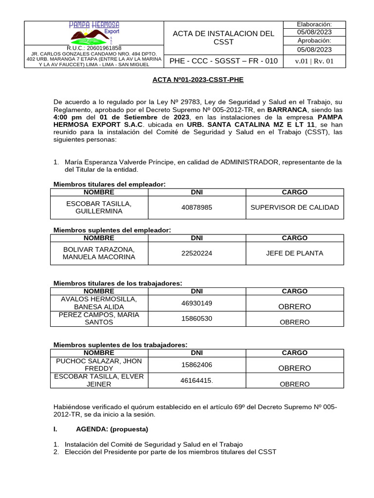 Phe - CCC - SGSST - FR - 010.acta de Instalacion Del CSST | PDF | Gobierno