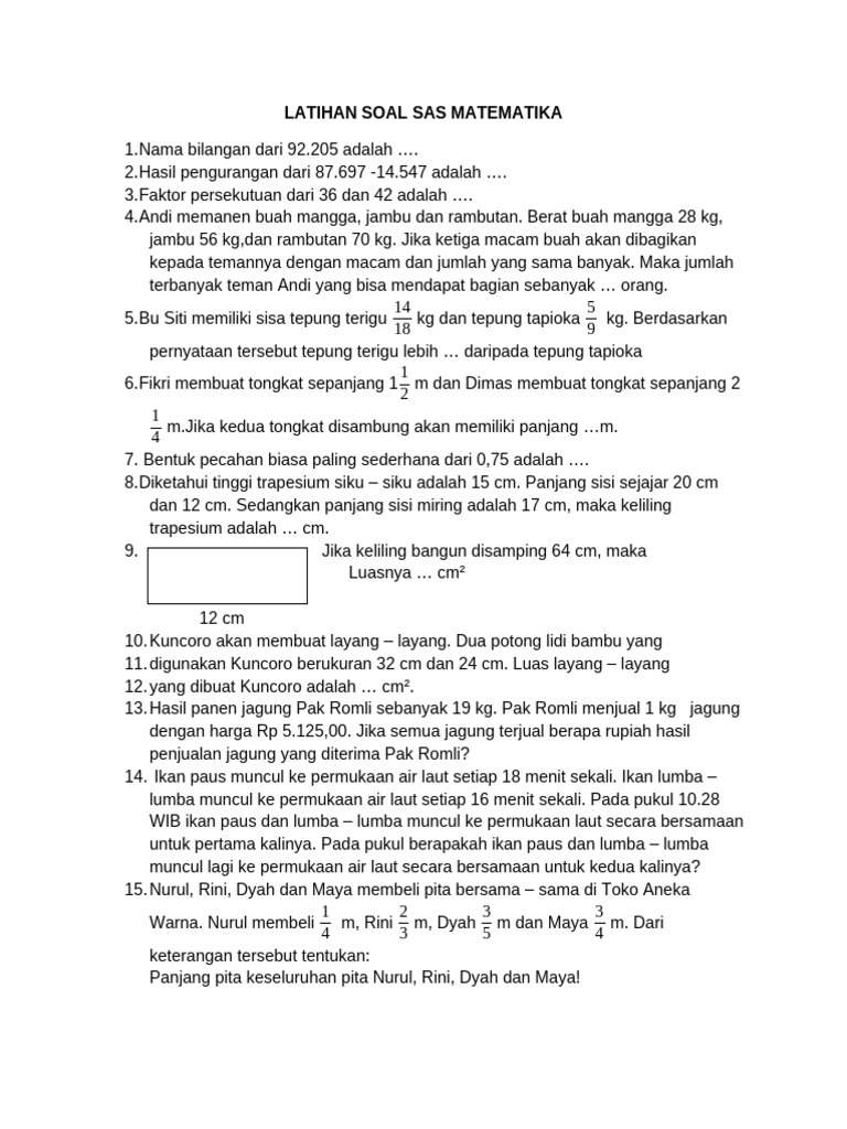 Latihan Soal Sas Matematika | PDF | Griya & Taman | Seni