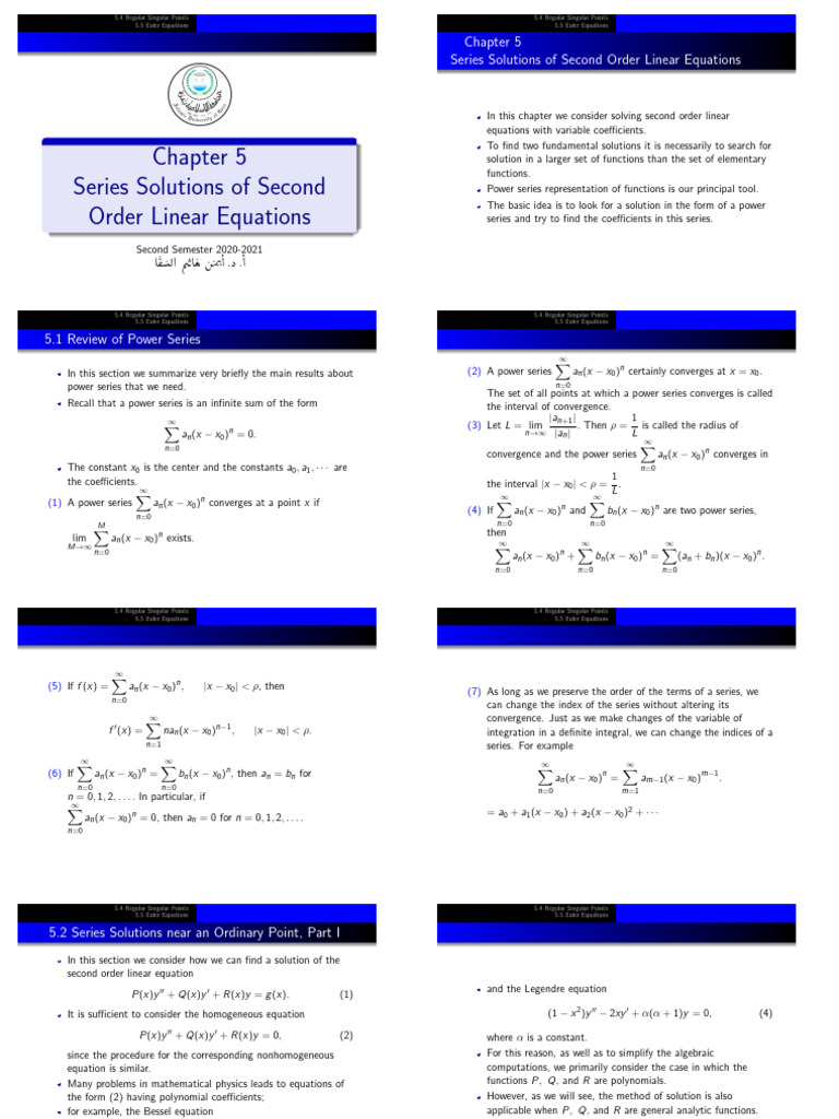 Series Solutions of Second Order Linear Equations | PDF | Power Series | Differential Calculus