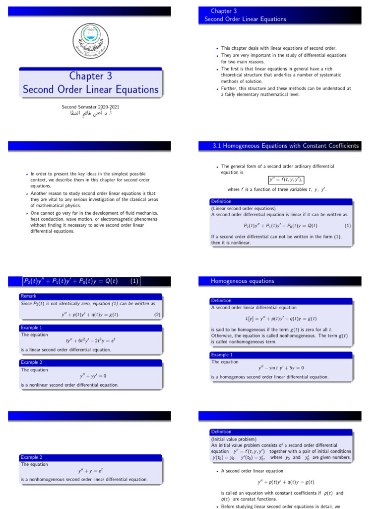 Second Order Linear Equations | PDF | Equations | Differential Equations