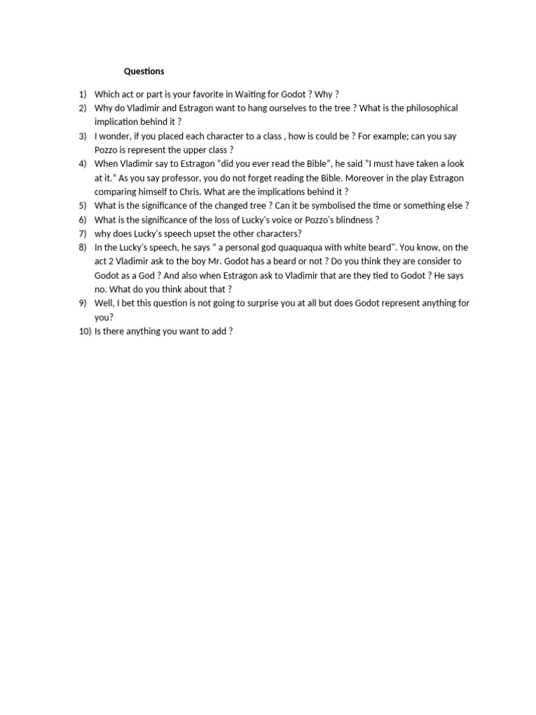 Waiting For Godot Questions | PDF | Games & Activities | General Fiction